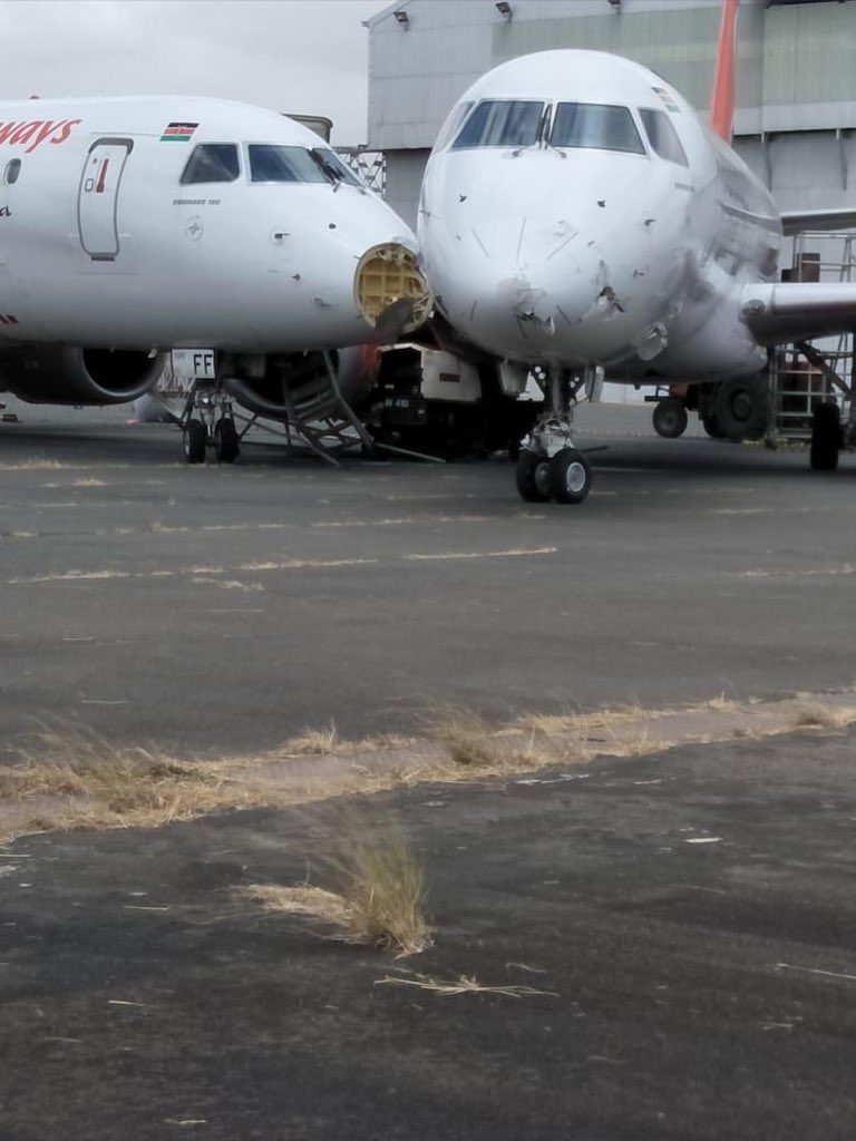 Two Planes Collide At KQ Airport While Being Towed Youth Village Kenya Two Planes Collide At KQ Airport While Being Towed Youth Village Kenya